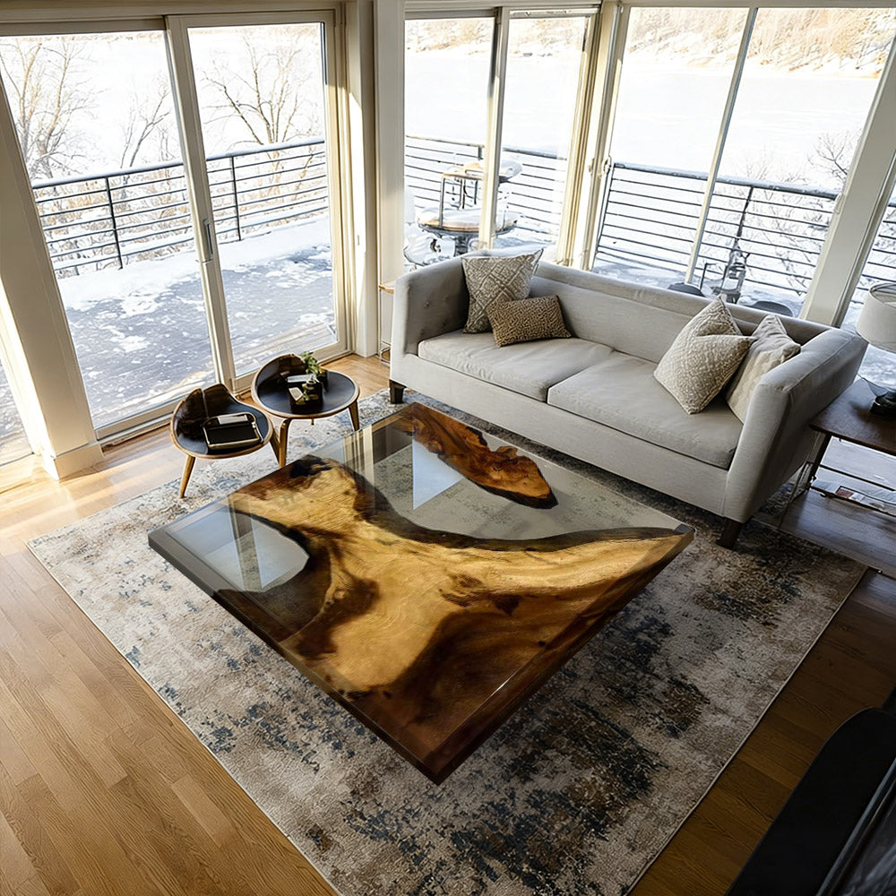 Custom Walnut Gray Transparent Square Epoxy Table