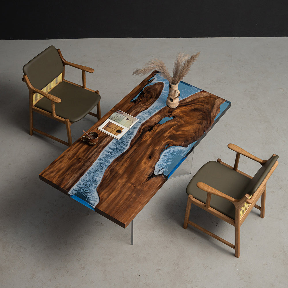 KAZANA Walnut Wood Epoxy Ocean Dining Table 31.5"W 62.9"L