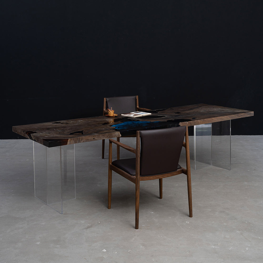 Walnut Oxidation Coated Blue Speckled Large Slab Epoxy Resin Table