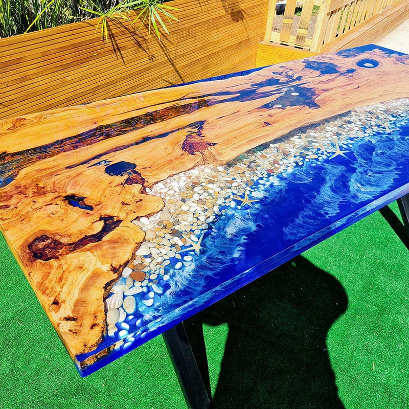 Custom Ocean Stone Epoxy Dining Table CT15